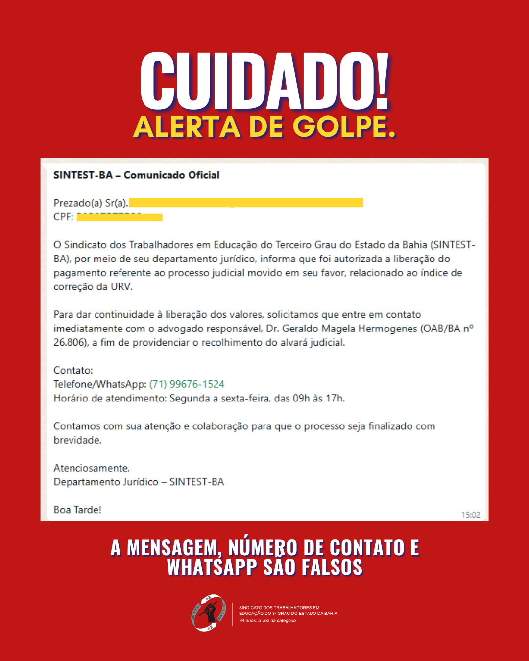 🚨 COMUNICADO URGENTE – ALERTA DE GOLPE 🚨 – Sintest